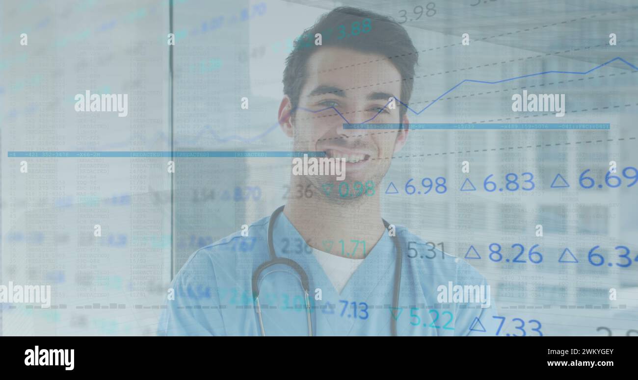 Image of data processing and statistics over male doctor with ...