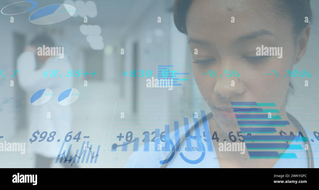 Image of statistics and data processing over female doctor Stock Photo ...
