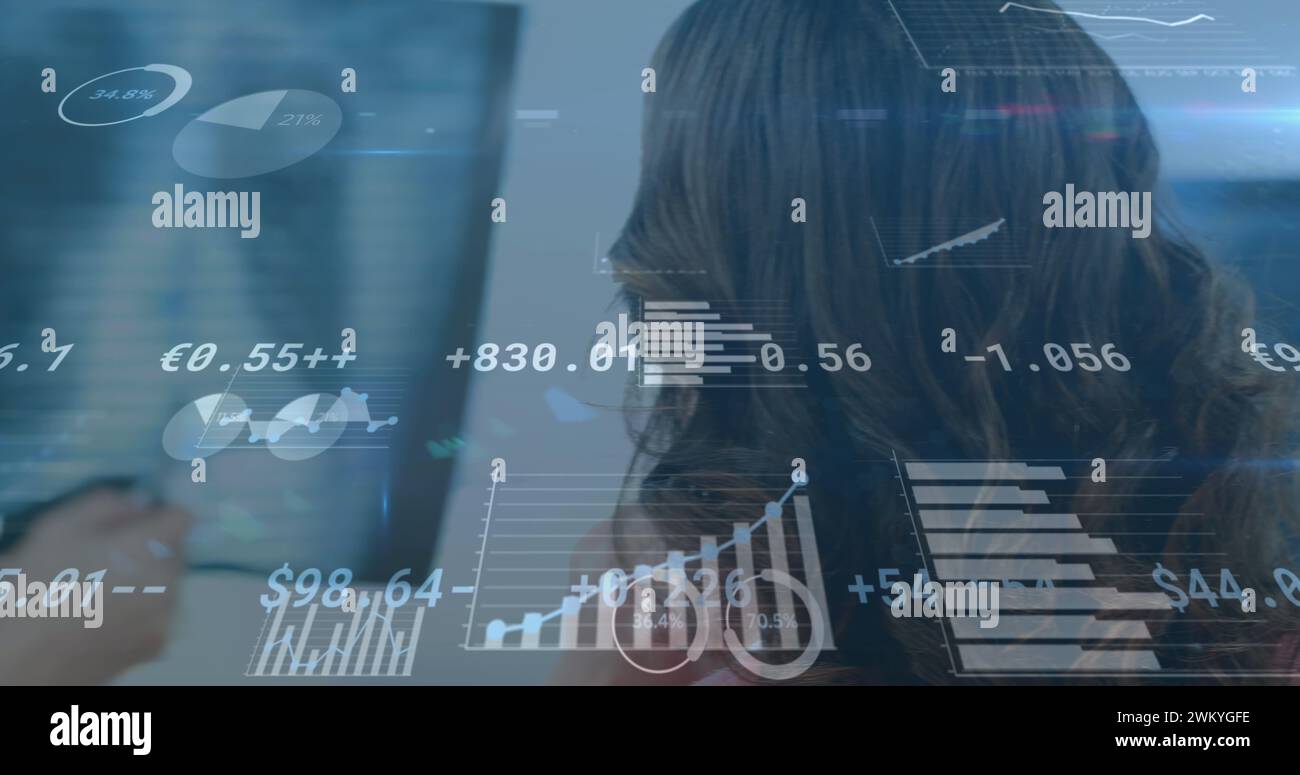 Image of data processing and statistics over female doctor and patient ...