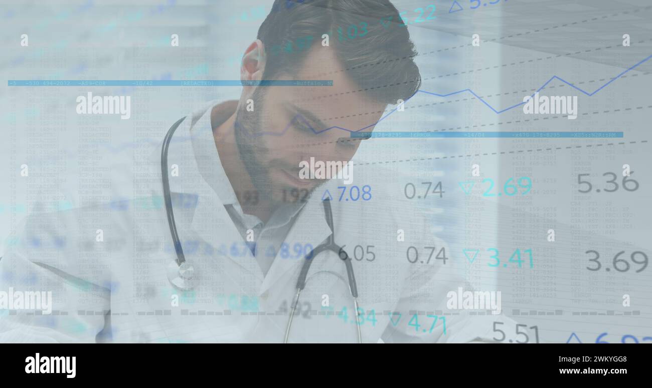 Image of data processing and statistics over male doctor with ...