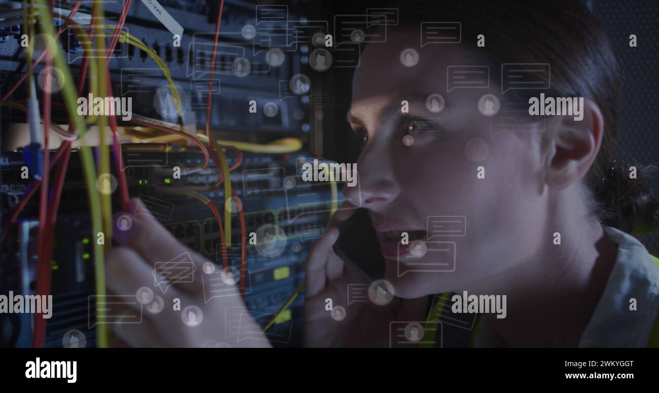 Image of network of connections and icons over caucasian female server ...