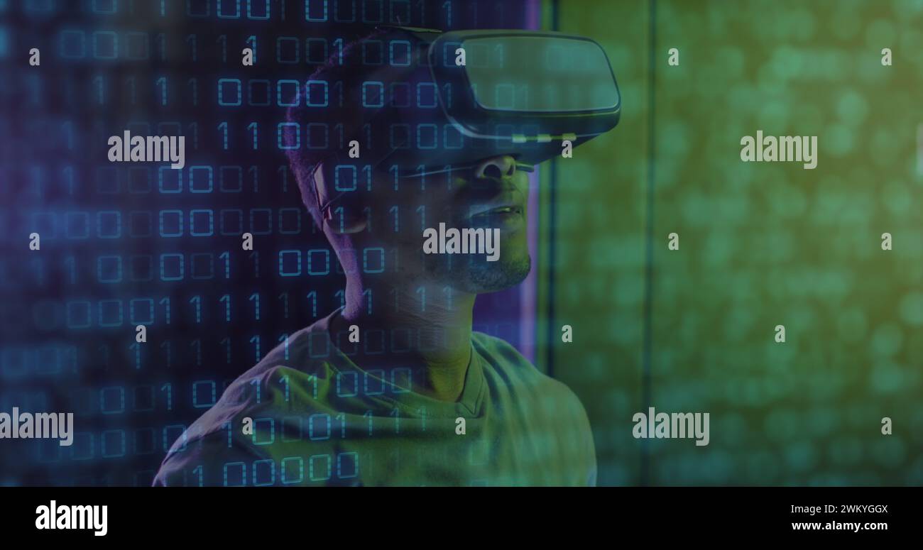 Image of data processing over african american male server room worker using vr headset Stock ...