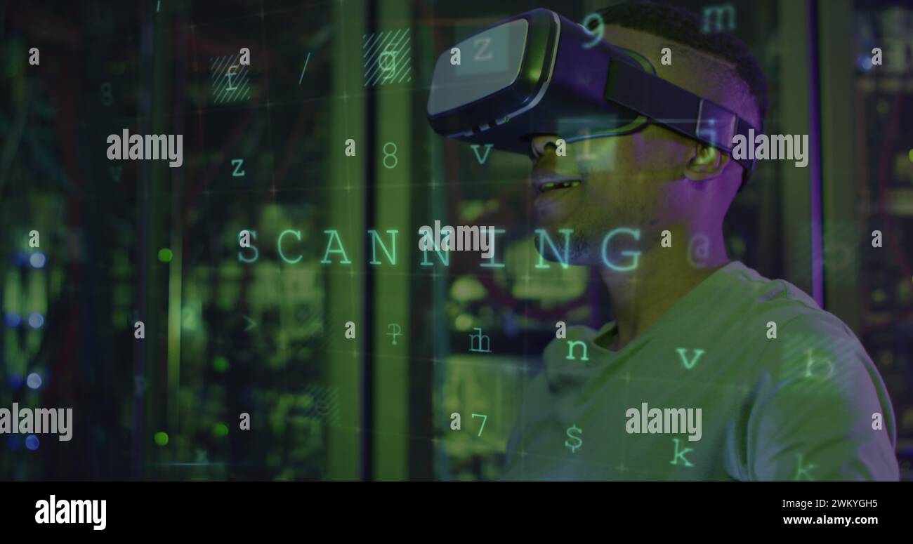 Image of data processing over african american male server room worker using vr headset Stock ...