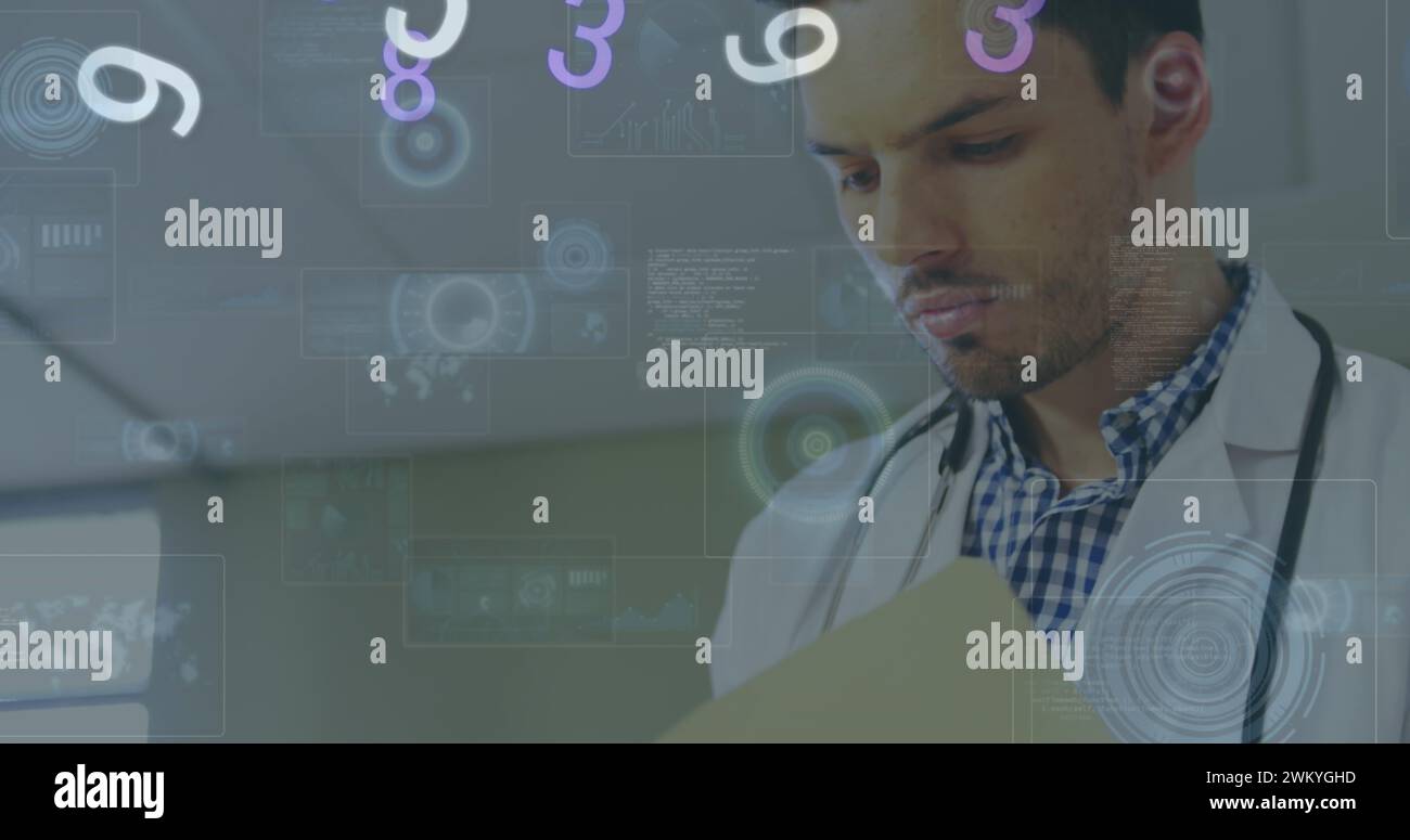 Image of numbers changing and scopes on screens over male doctor with ...