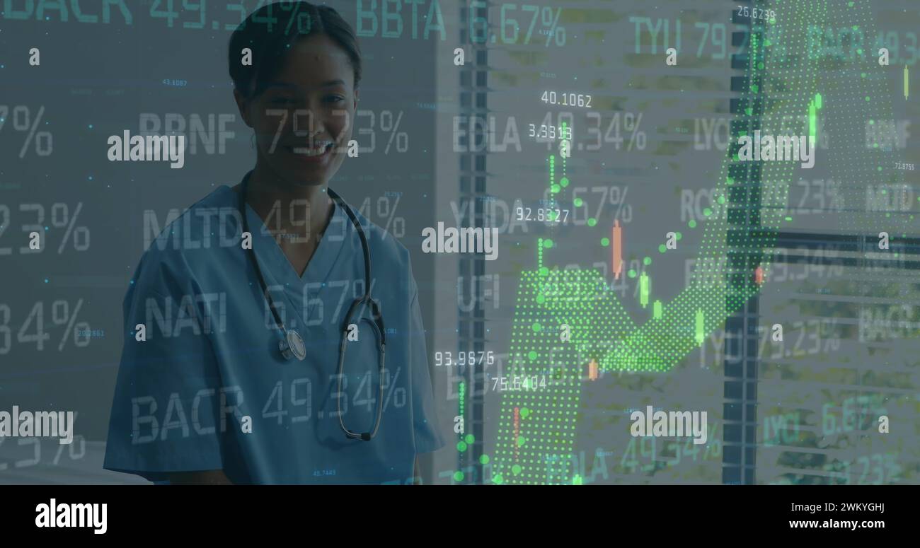 Image of data processing and statistics over female doctor with ...