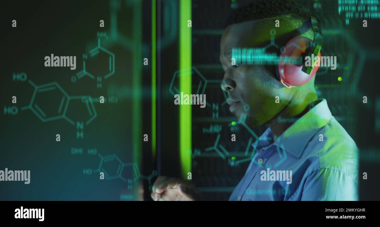 Image of data processing over african american male server room worker ...