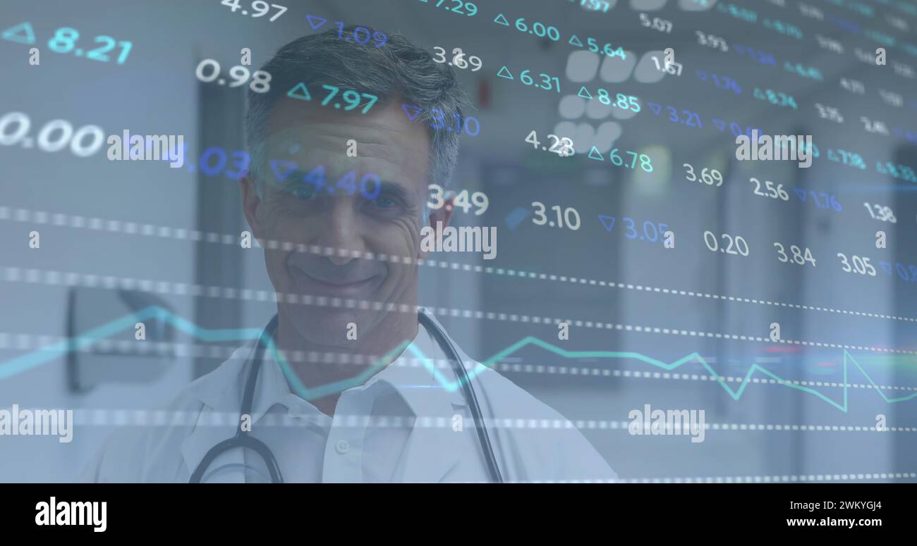 Image of data processing and statistics over male doctor with ...