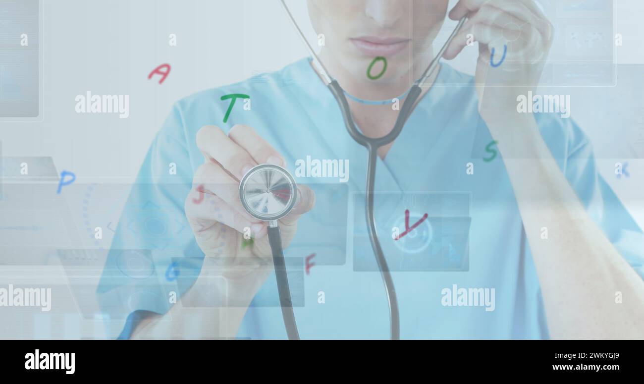 Image of letters changing and scopes on screens over female doctor with ...