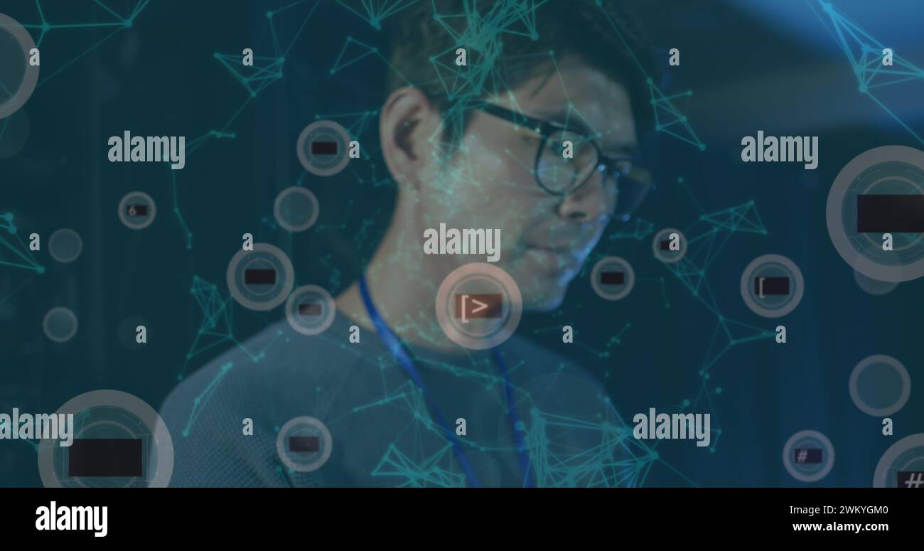 Image of falling icons and network of connections over biracial male server room worker Stock ...