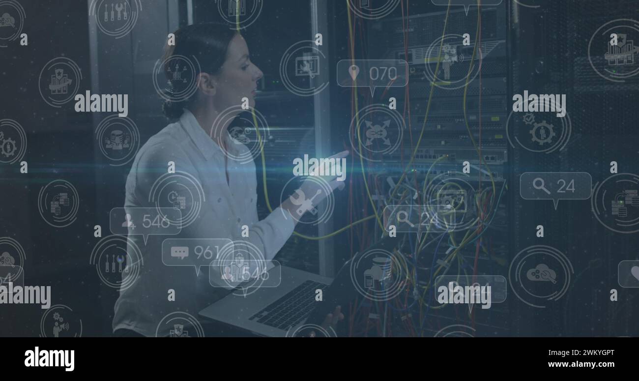 Image of falling icons over caucasian female server room worker Stock ...