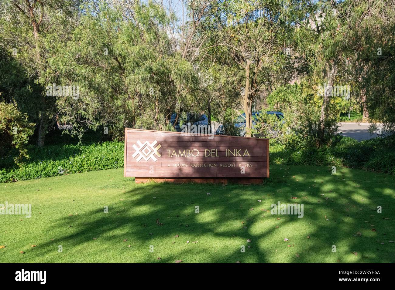 The sign for the Tambo del Inka hotel and spa resort in Urubamba, Peru ...