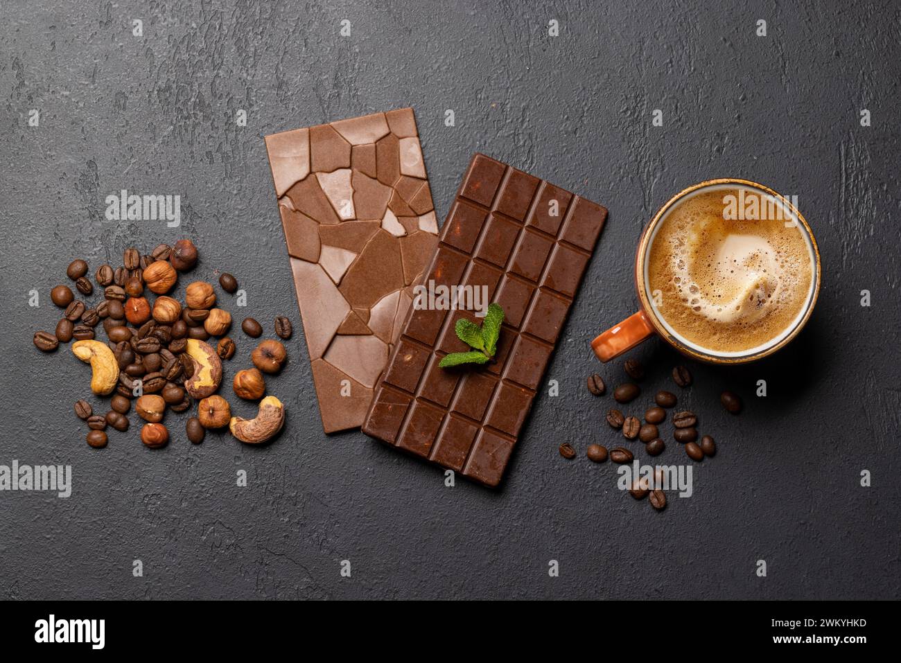 Coffee break bliss: Chocolate bars paired with a cup of coffee. Flat ...