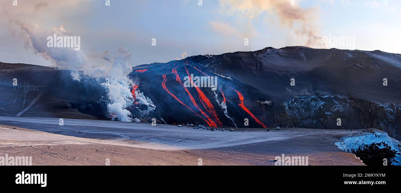 Lava flowing down a mountain hill in Fimmvörðuháls in Iceland Stock ...