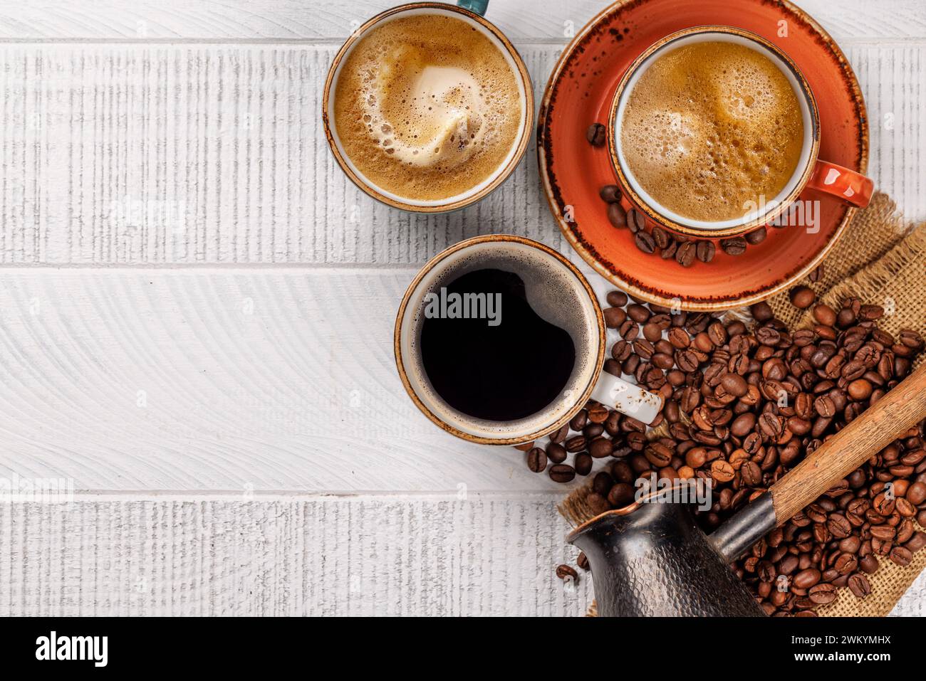 Roasted coffee beans and various espresso coffee cup. Flat lay with copy space Stock Photo - Alamy