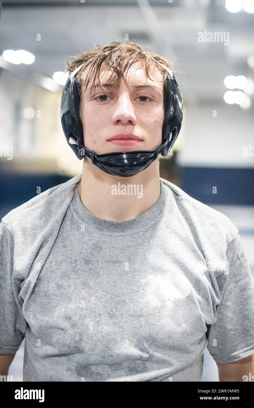 Highschool portrait of male wrestler during practice Stock Photo - Alamy