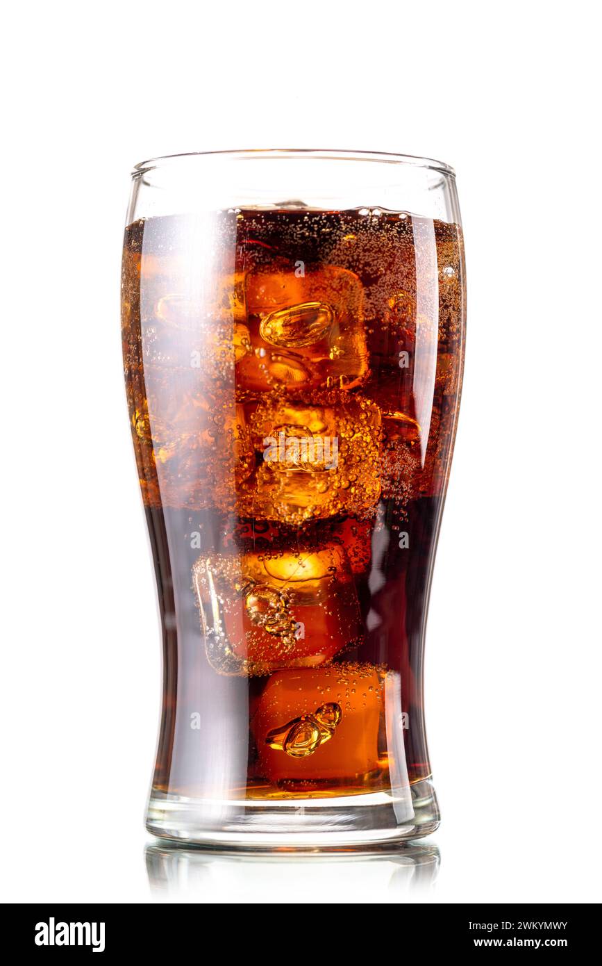 Cola with ice in glass isolated on white background Stock Photo - Alamy