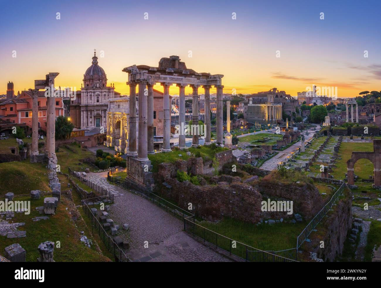 Panorama of the Roman Forum at sunrise in Rome, Italy with ancient buildings and landmarks Stock ...