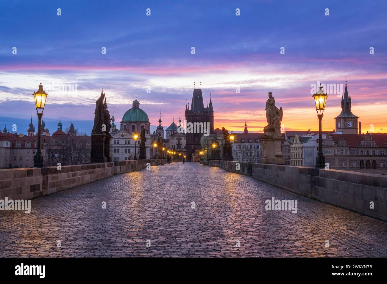 Panoramic picture of Charles Bridge in Prague at sunrise with a ...