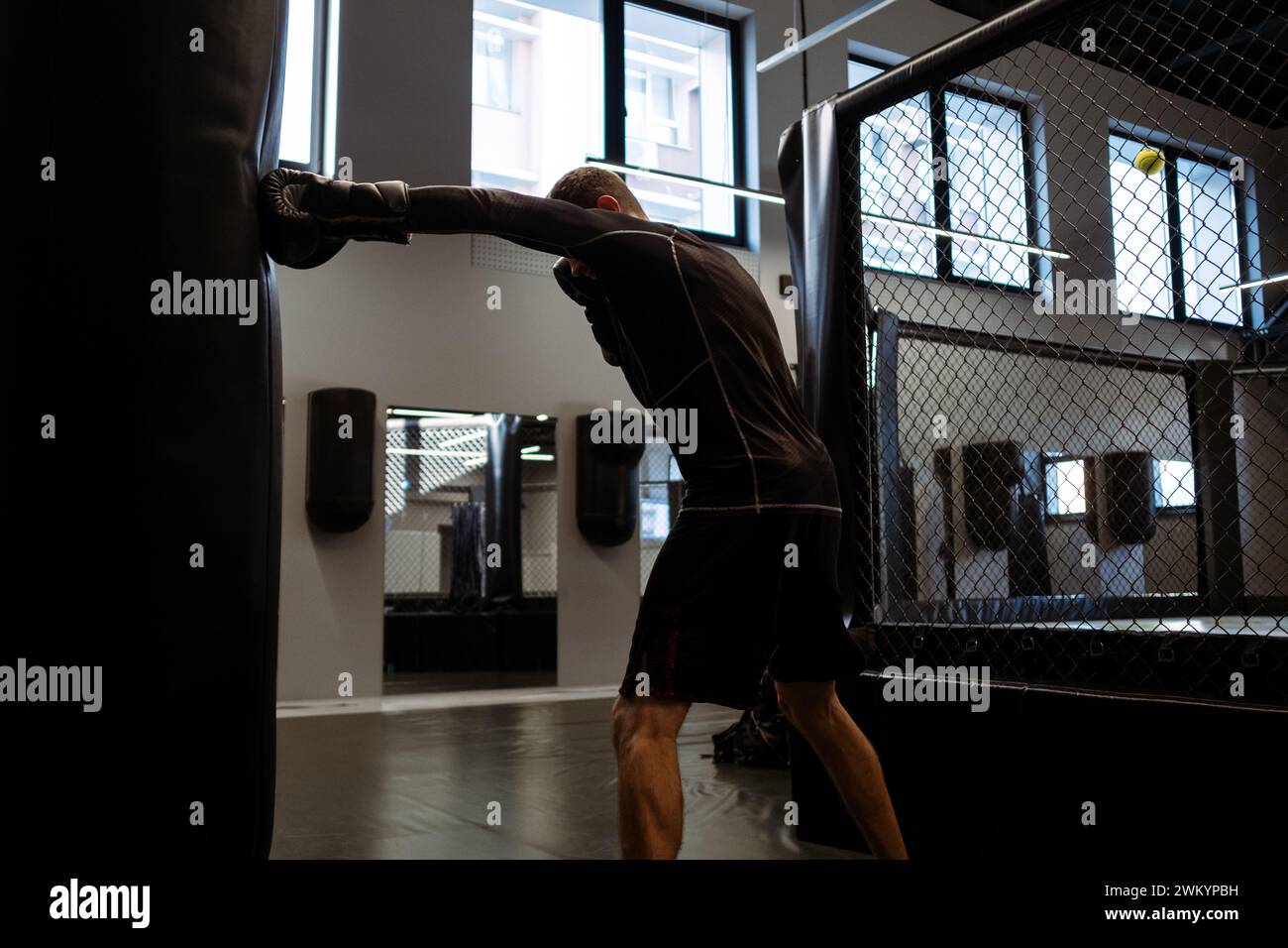 Determined adult man in sportswear and boxing gloves training with ...