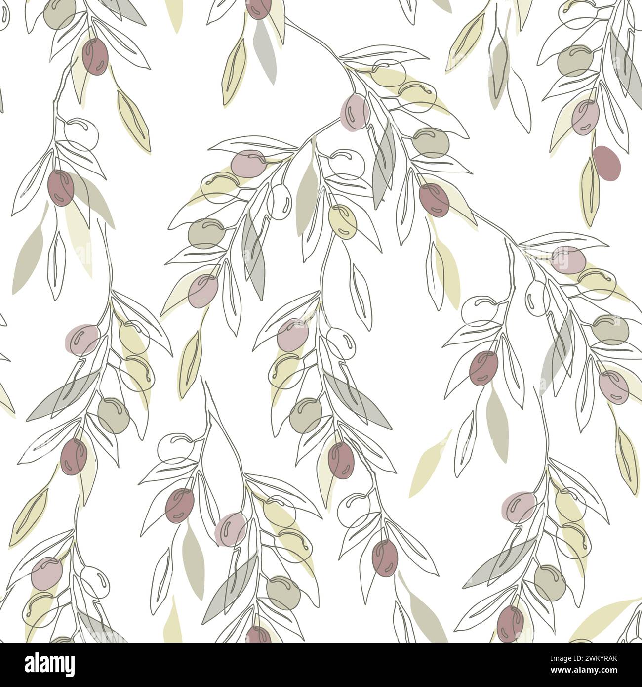 Olive branches and fruits seamless pattern, continuous line drawing ...