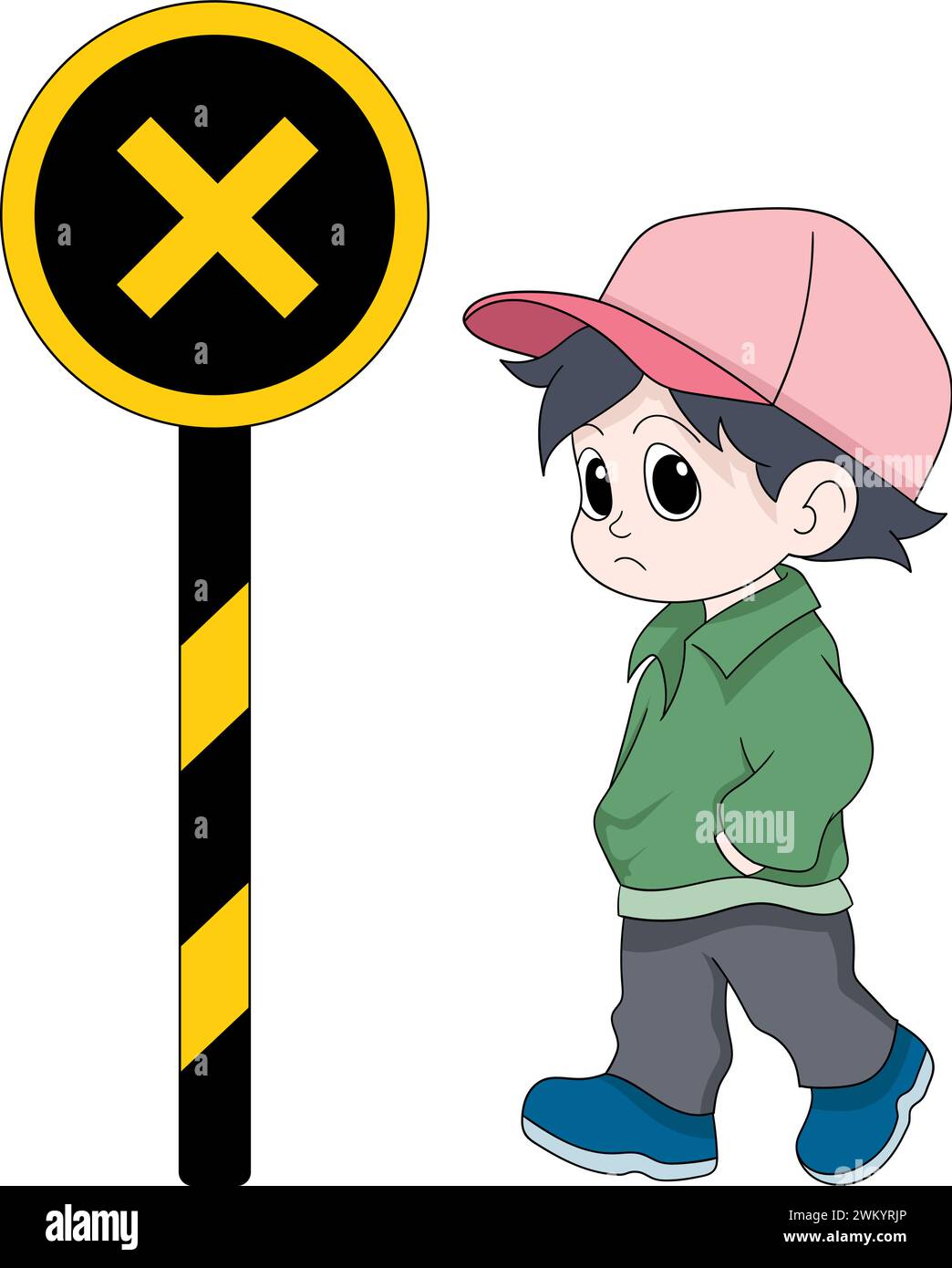 Illustration of a kid boy stopping because of a prohibition rule sign ...
