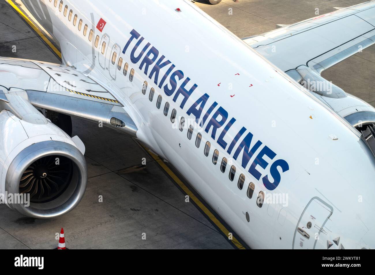ISTANBUL - JAN 23: Plane with Turkish airlines logotype on surface at ...