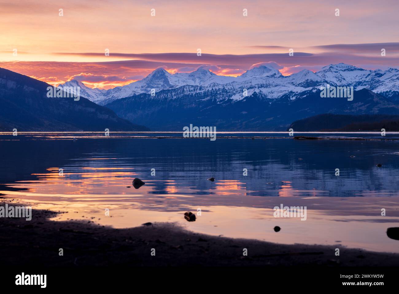 shore of Lake Thun with Eiger Mönch and Jungfrau at a winter sunrise ...