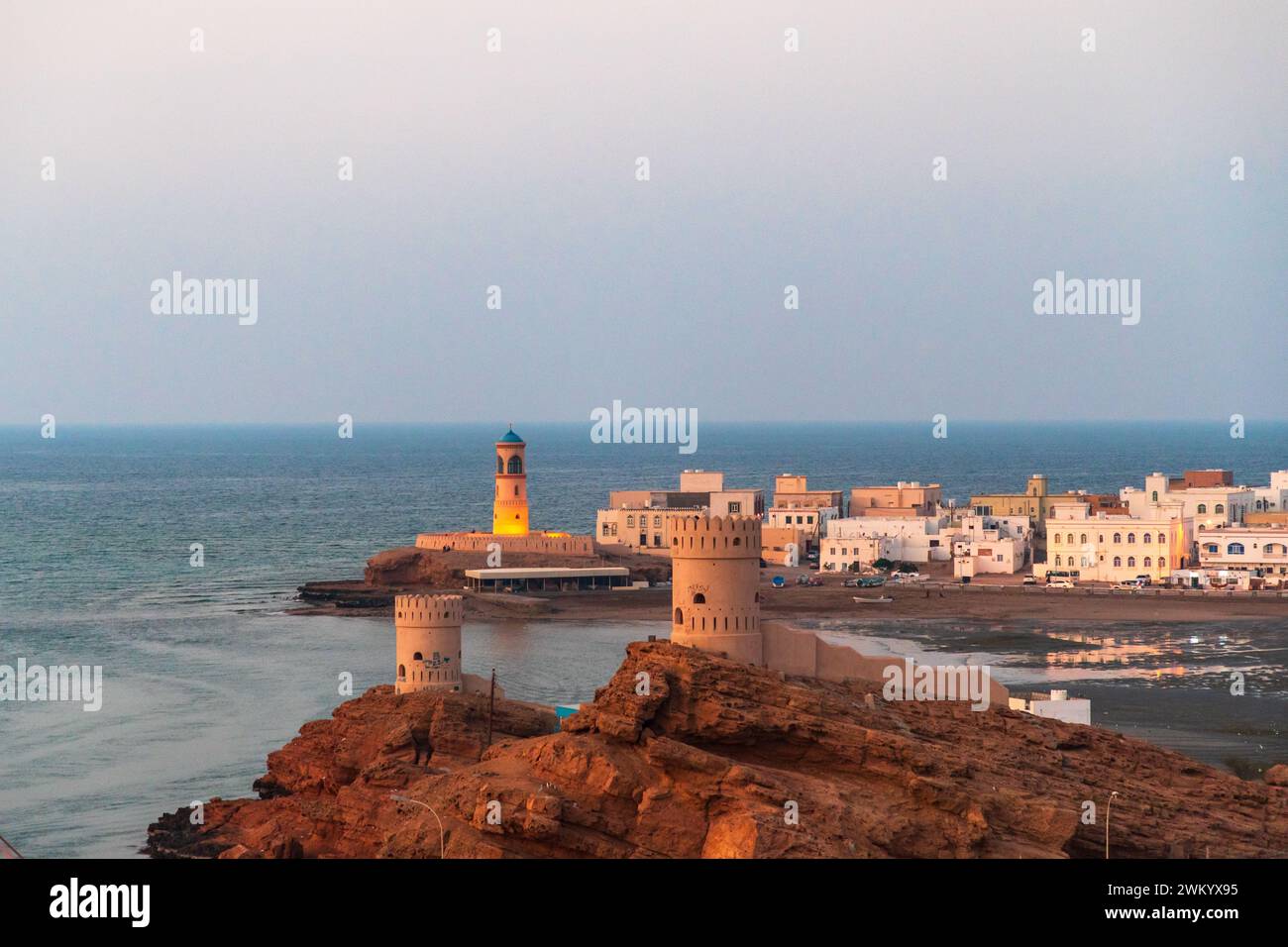 West part of Sur town with Al-Ayjah Lighthouse and Al-Ayjah Castle in ...