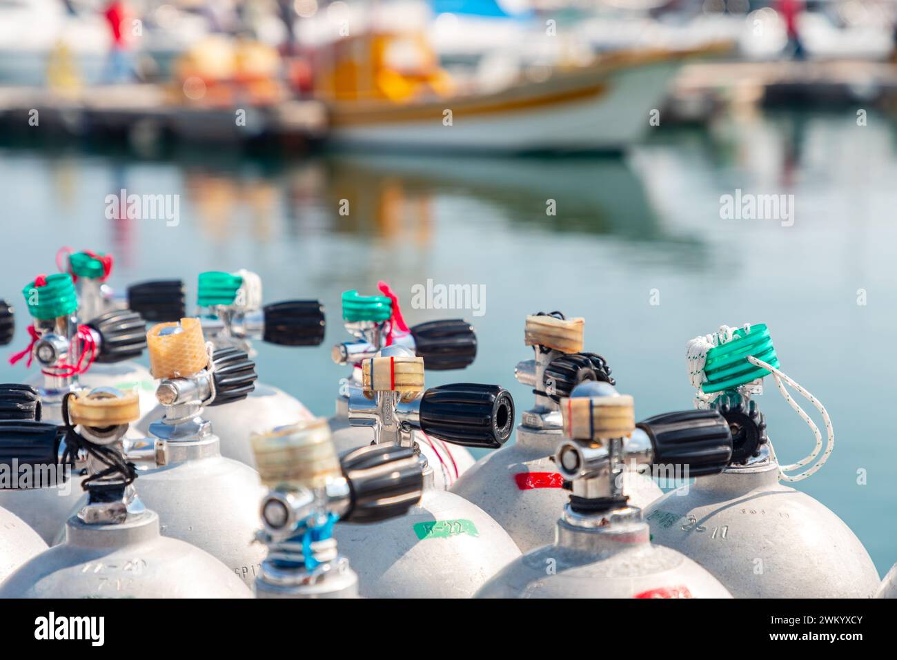 Scuba diving cylinders ready for use in Marina Bandar Al Rowdha, Muscat ...
