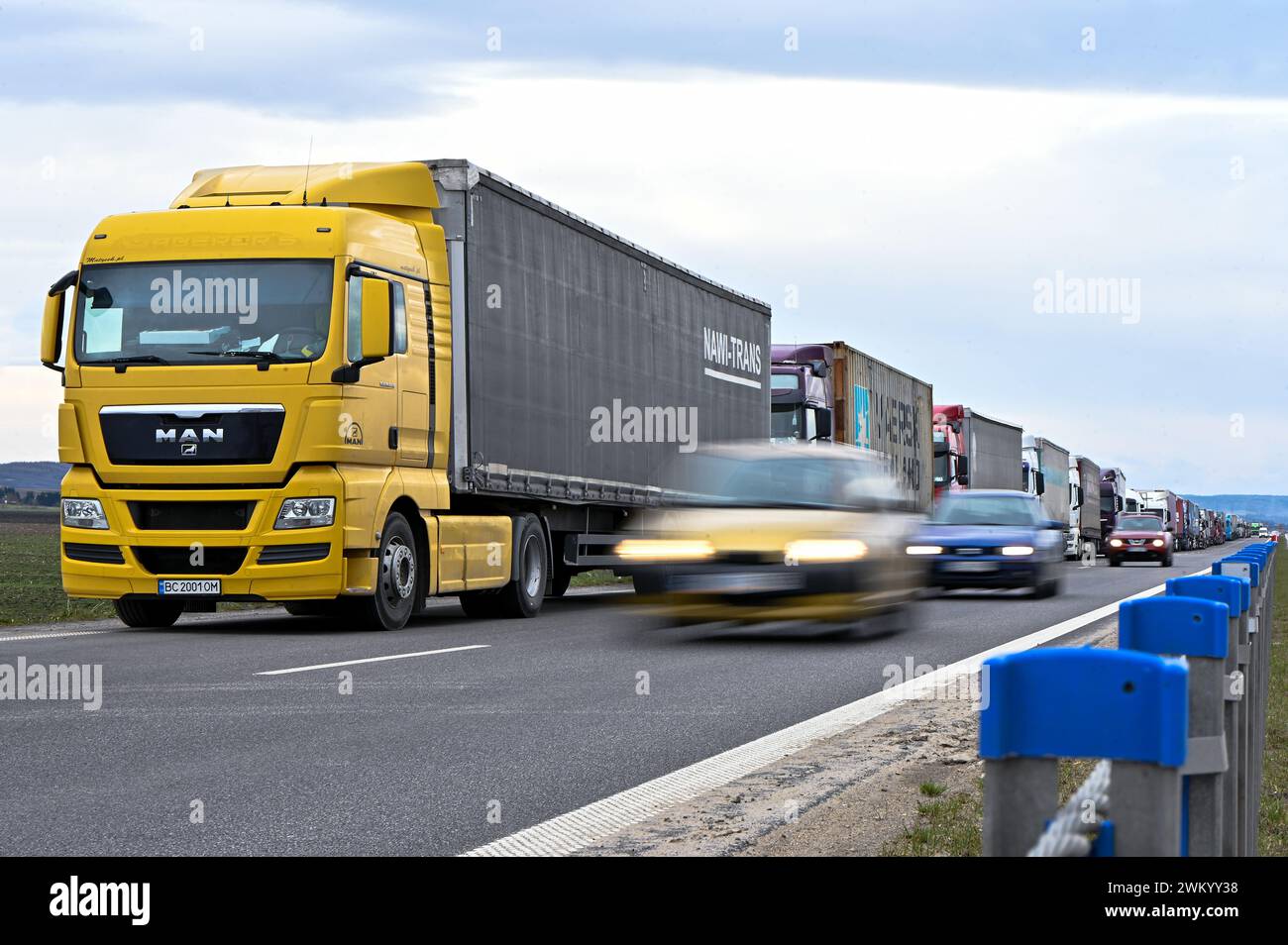 LVIV REGION, UKRAINE - FEBRUARY 22, 2024 - Trucks of Ukrainian carriers ...