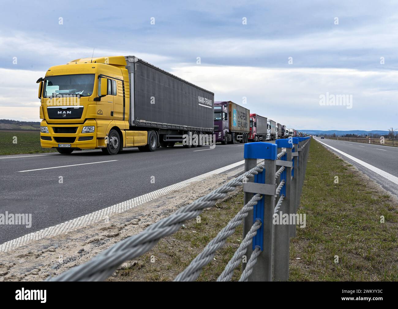 LVIV REGION, UKRAINE - FEBRUARY 22, 2024 - Trucks of Ukrainian carriers ...