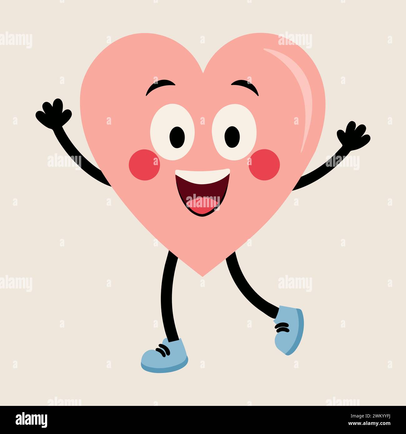 Groovy cartoon happy heart character. Romantic flat style illustration ...
