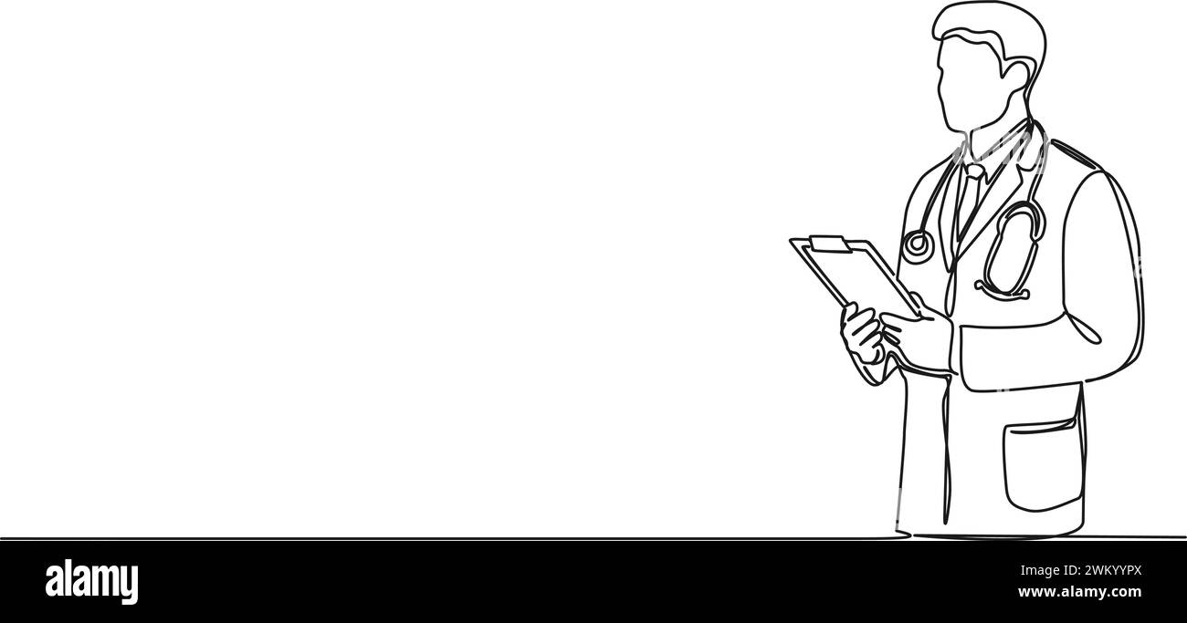 continuous single line drawing of medical doctor with stethoscope ...