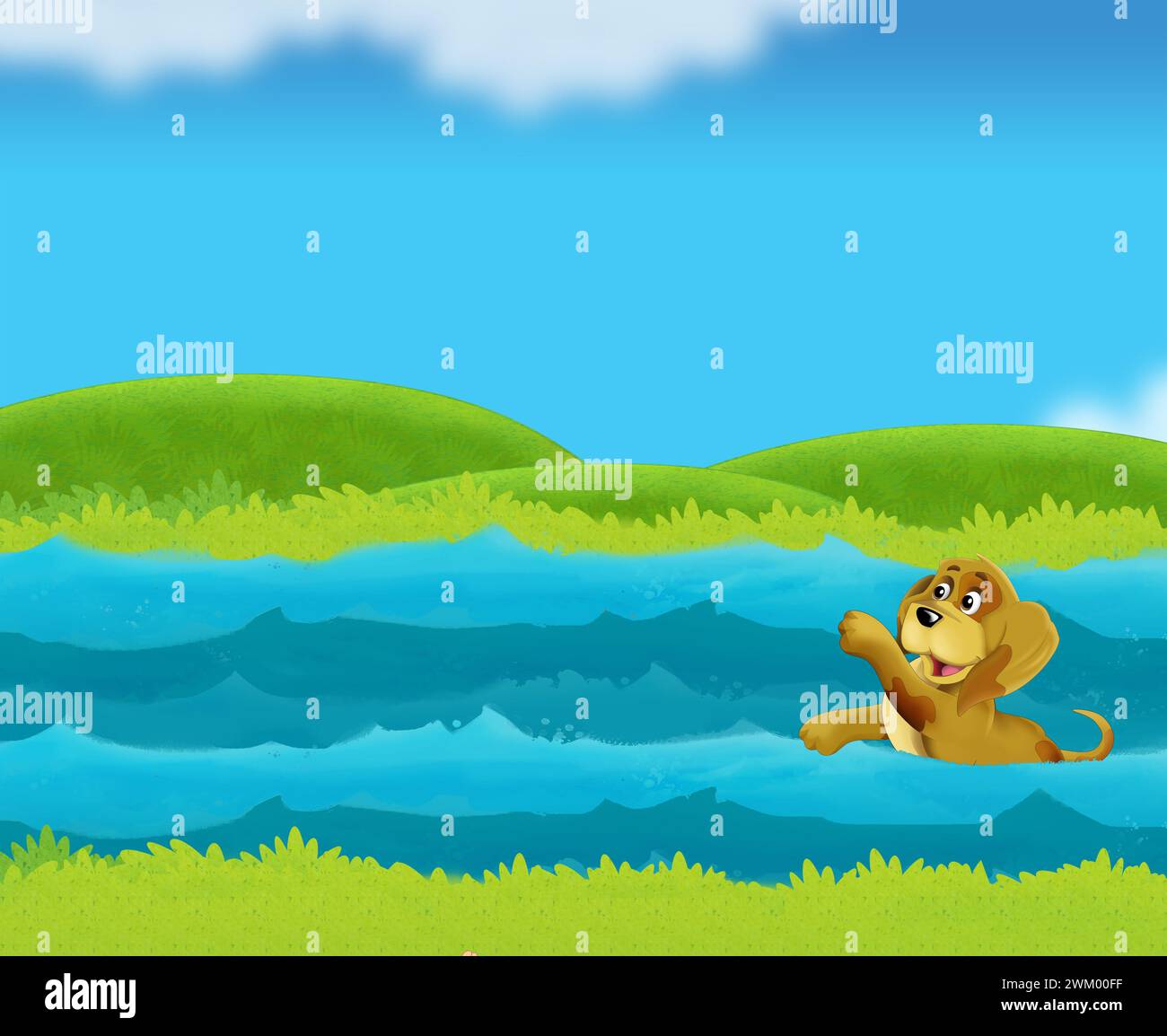 cartoon scene with dog pet swimming or drowning in stream or river ...