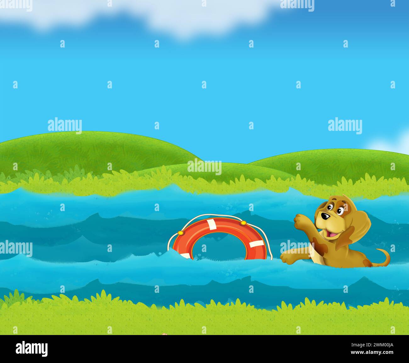 cartoon scene with dog pet swimming or drowning in stream or river with ...
