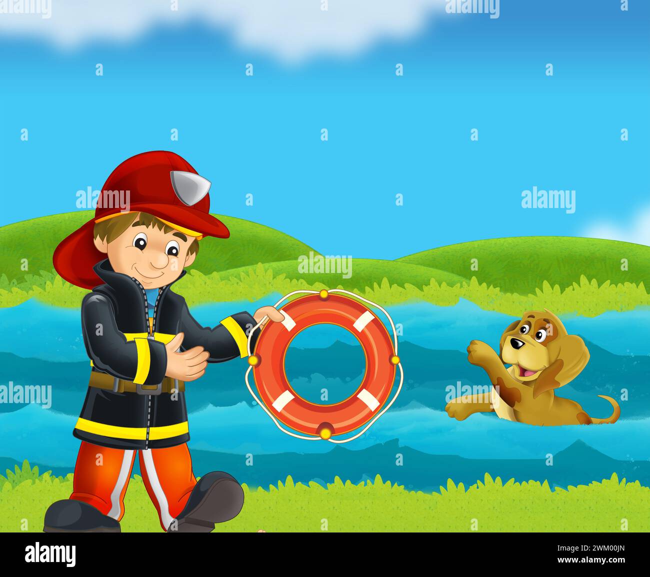 cartoon scene with fireman lifeguard recuing dog from drowning in river ...