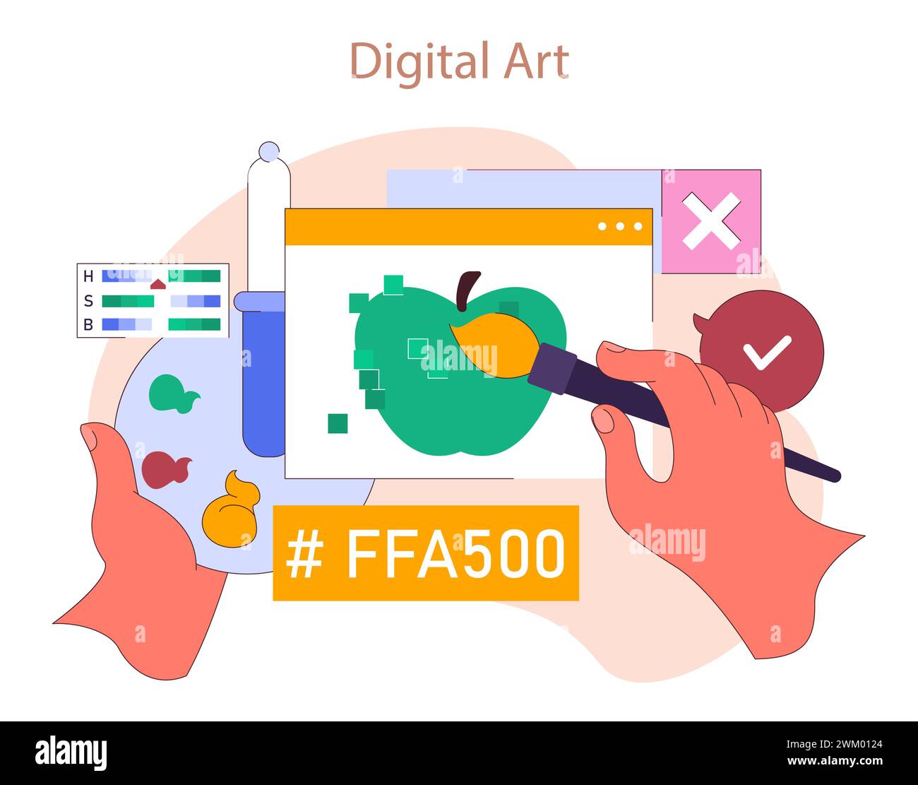 Artist's hand creating digital apple illustration, surrounded by color ...