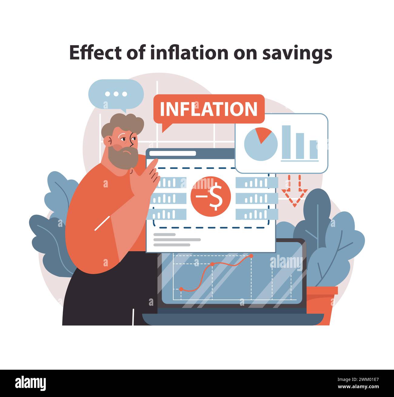 Inflation Impact concept. Concerned man examines the diminishing value ...