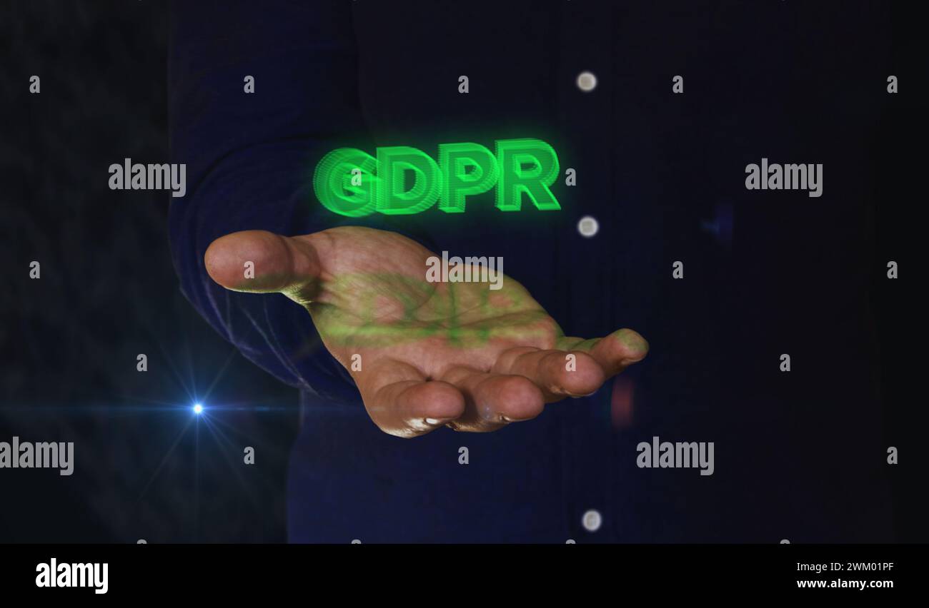 GDPR general data protection regulation 3d symbol over man hand. Cyber ...