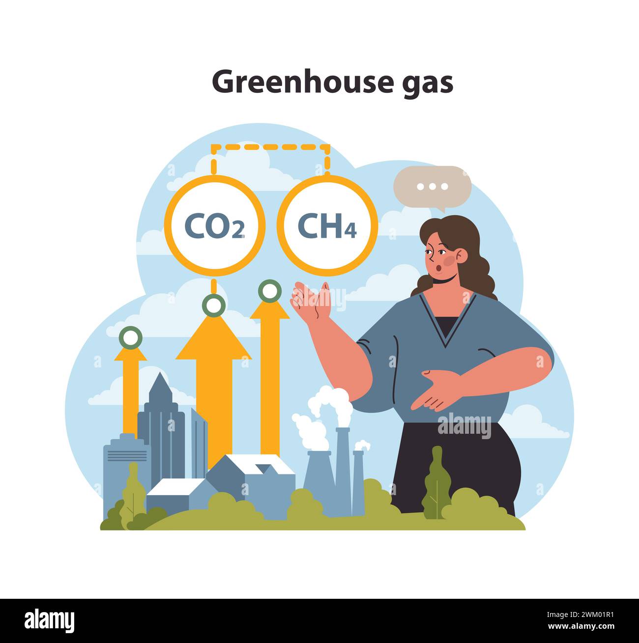 Woman showcasing greenhouse gas emissions with CO2 and CH4 symbols. Urban landscape indicating ...