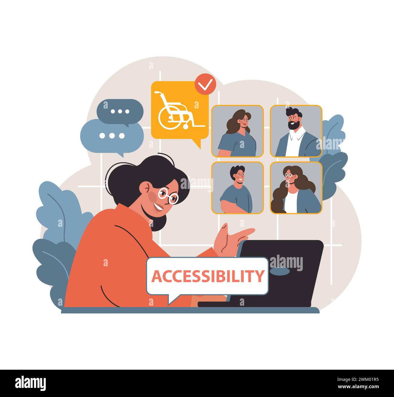 Focused woman at computer emphasizing accessibility. Virtual meeting ...