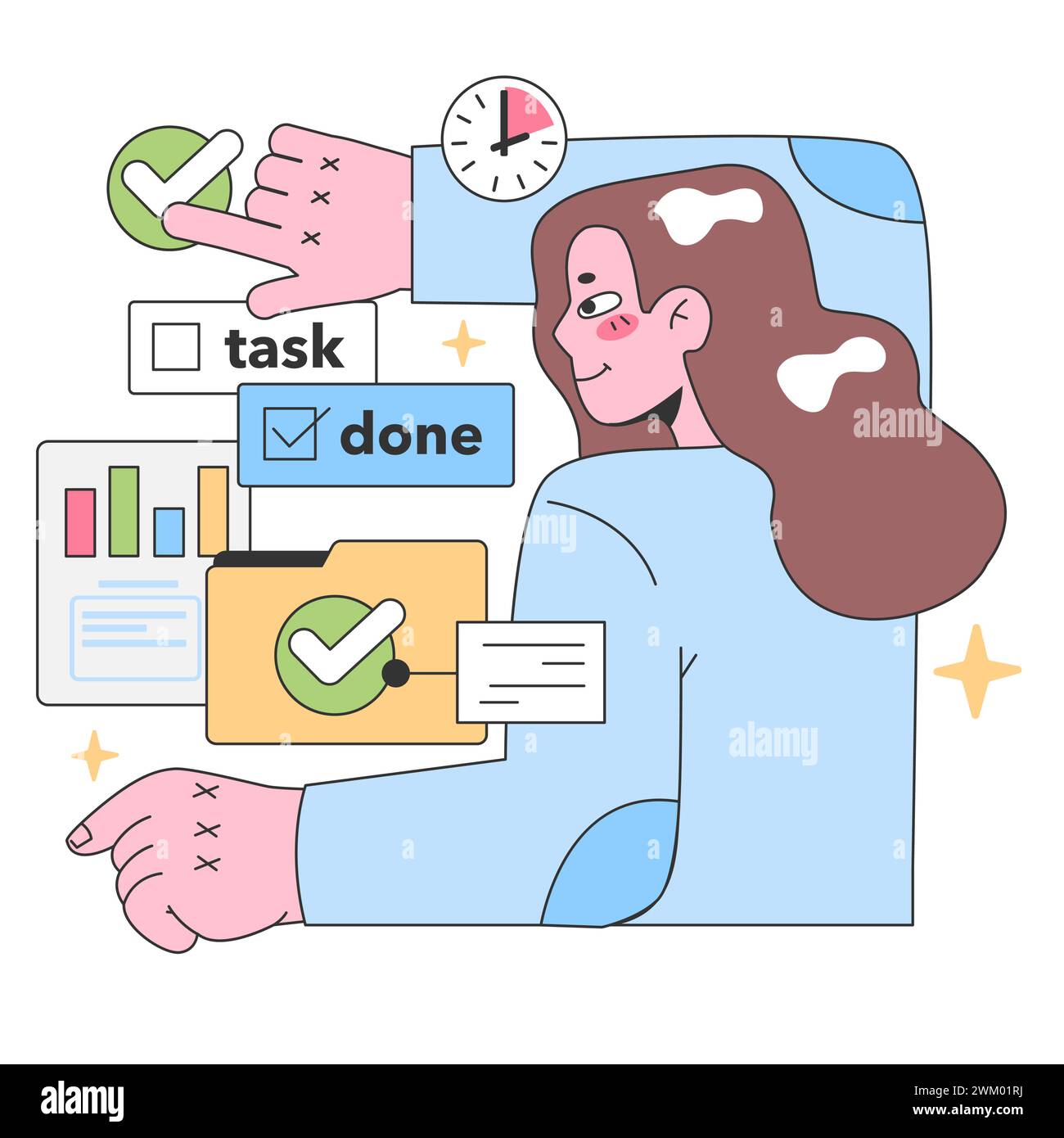 Task completion concept. Contented woman surrounded by task checkmarks ...