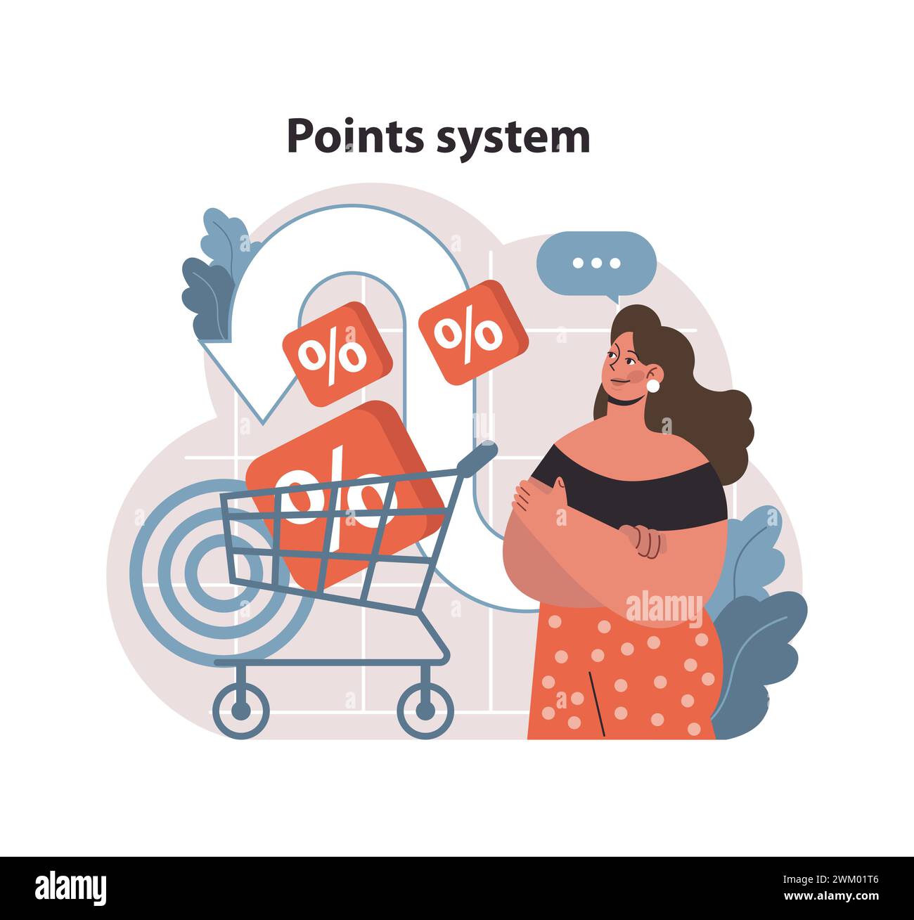 Points system concept. Confident woman with shopping cart filled with discount tags. Navigating ...
