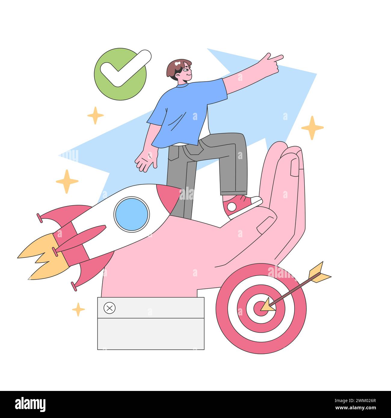Achievement concept. Man atop a rocket pointing forward, signifying ...