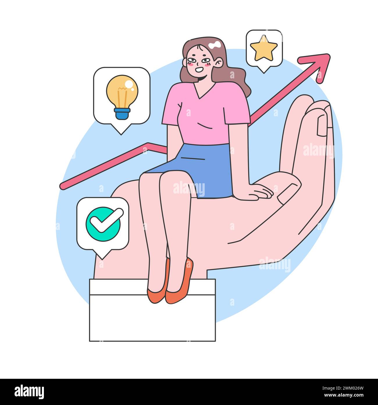 Success journey concept. A confident woman sits atop a giant hand ...