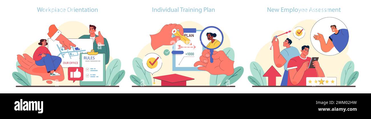 Orientation set. First day at work with office map and company rules ...