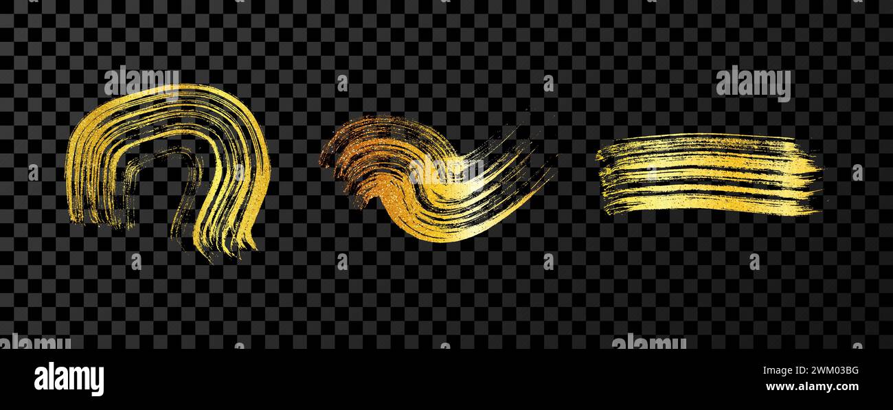 Gold brush stroke. Set of three hand drawn ink spots isolated on dark ...