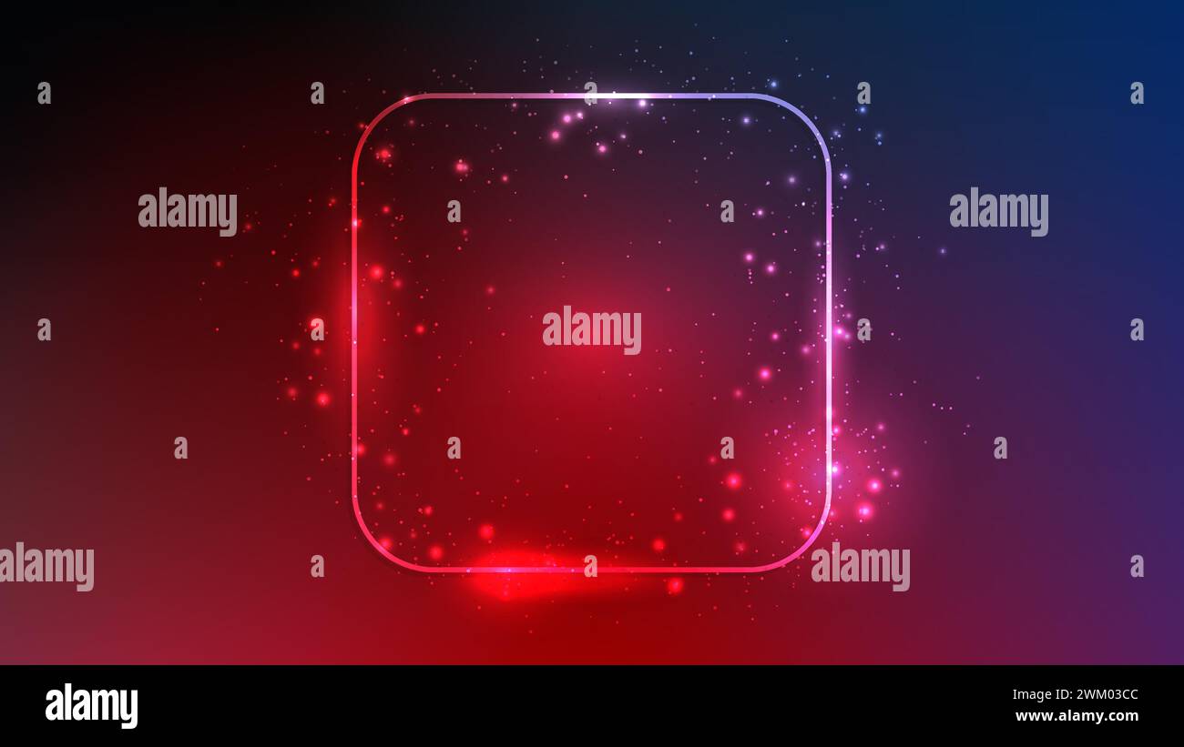 Neon rounded square frame with shining effects and sparkles on dark red ...