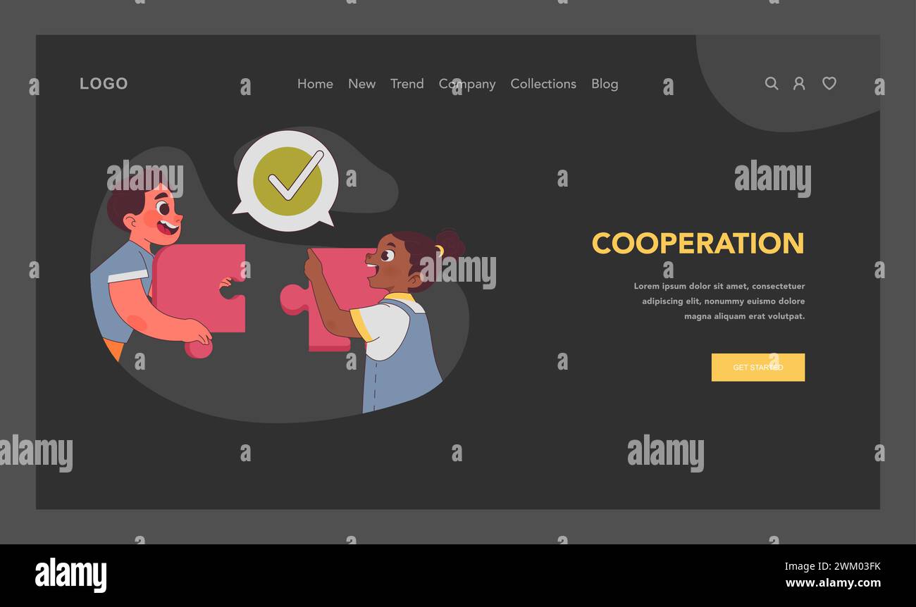 Cooperation concept. Two children joyfully connect puzzle pieces ...