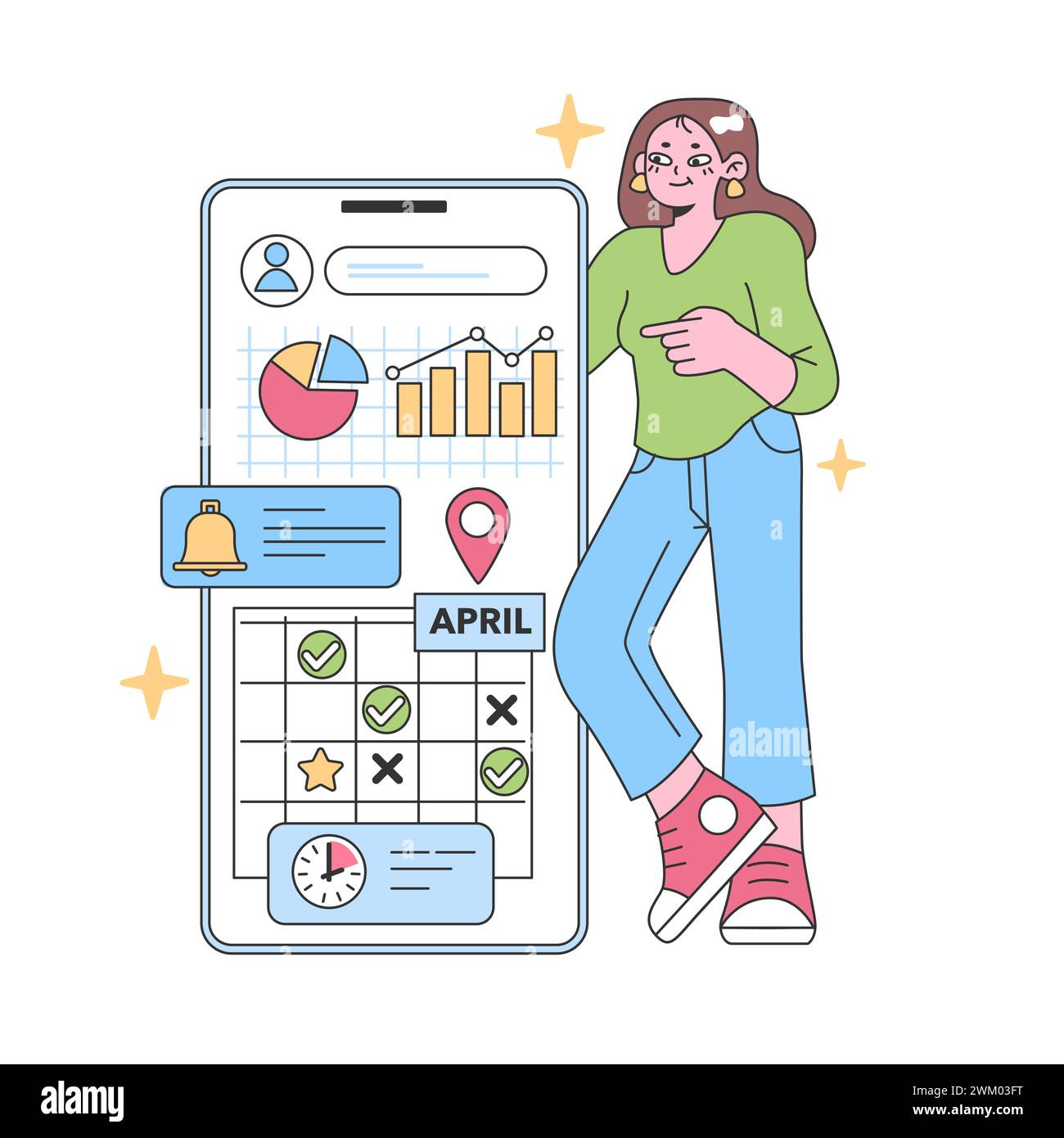 Digital planning concept. Woman interacting with a large smartphone ...